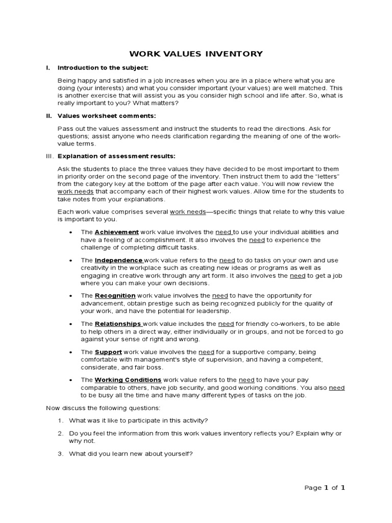 Work Values Inventory: I. Introduction To The Subject | PDF | Lesson ...