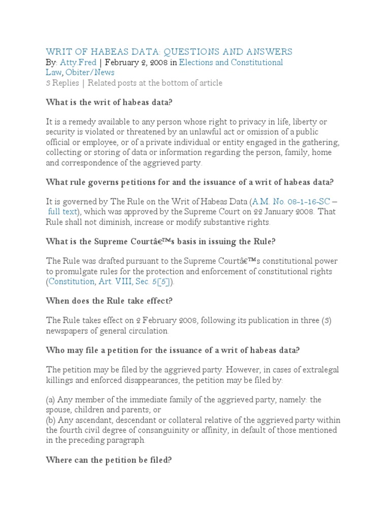 Writ of Habeas Data Q and A | Habeas Corpus | Writ