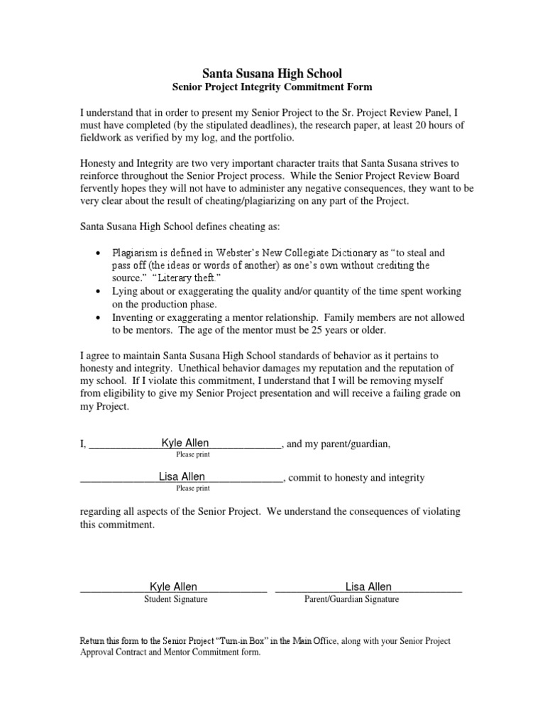 Senior Project Integrity Commitment Form | PDF | Career & Growth | Wellness