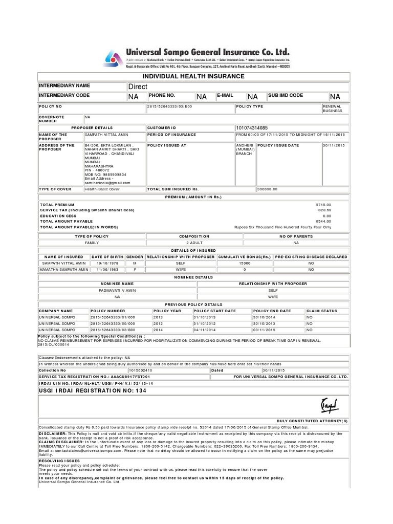 Universal Sompo Health Insurance Policy | PDF