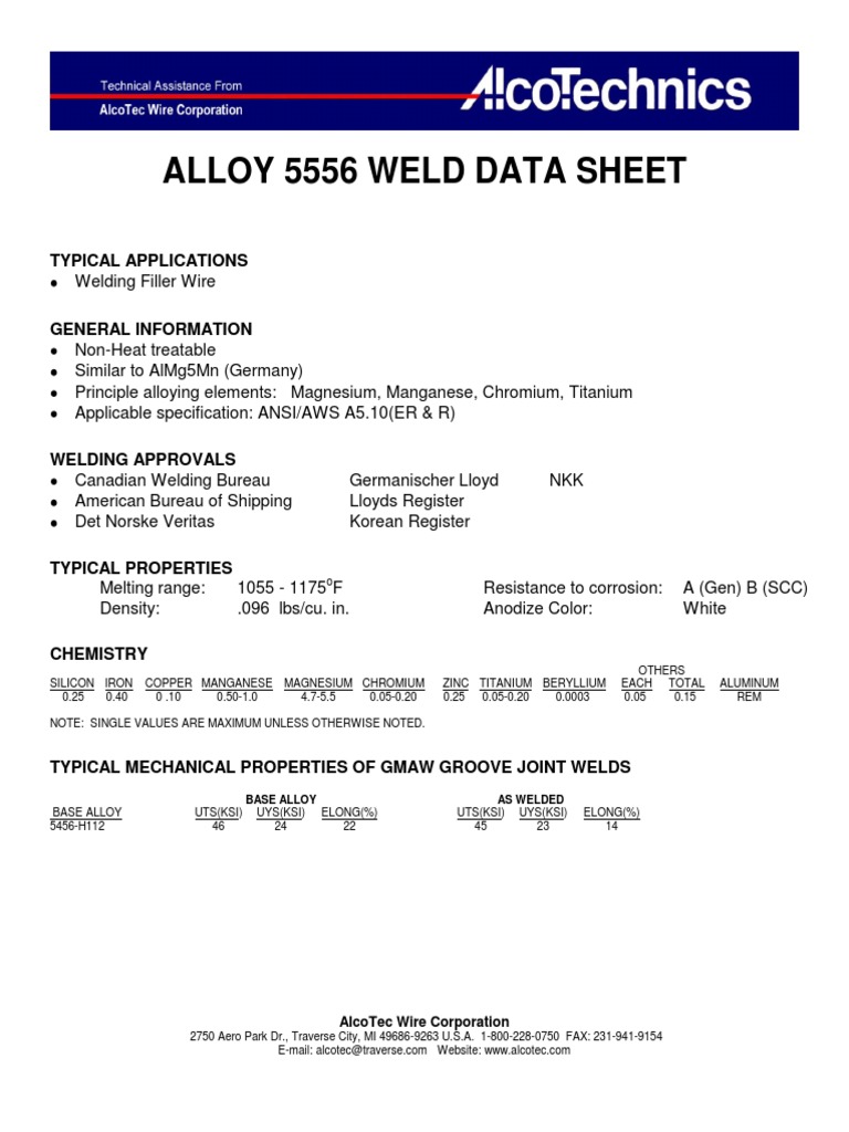 Alloy 5556 Weld Data Sheet: Typical Applications | PDF