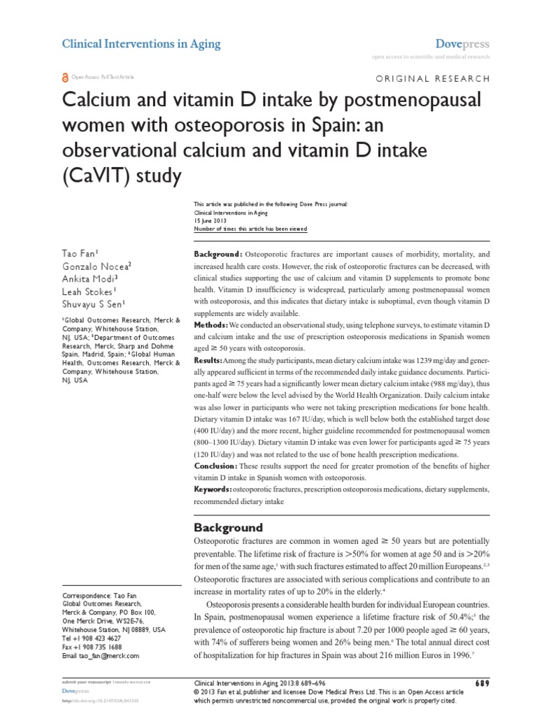 CIA 41335 Calcium and Vitamin D Intake by Postmenopausal Women With Os 061513 | PDF ...
