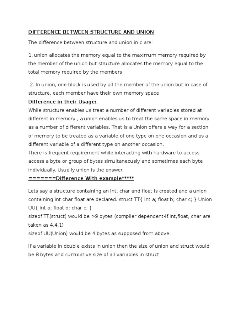 Difference Between Structure and Union | PDF | Programming Paradigms | Computer Data