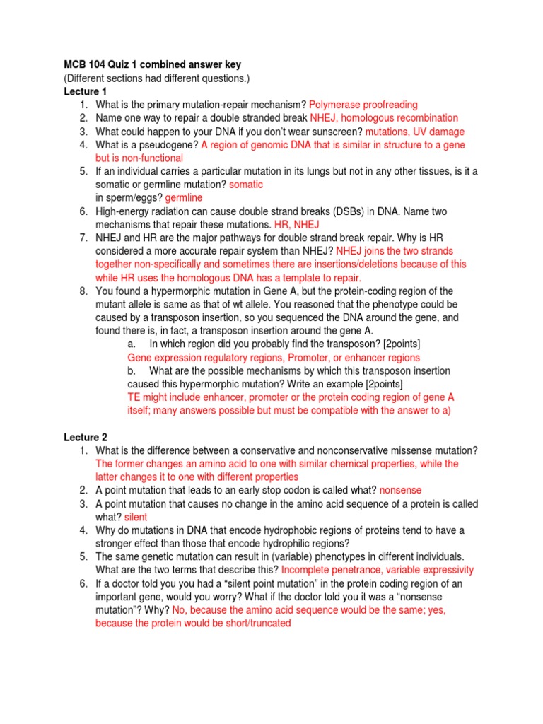Genetics Quiz Answer Key | PDF | Dominance (Genetics) | Mutation