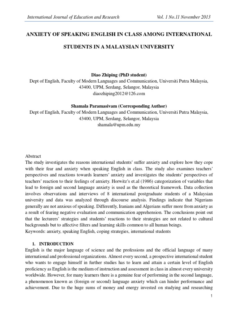 English Speaking Anxiety in Class | PDF | Second Language Acquisition ...