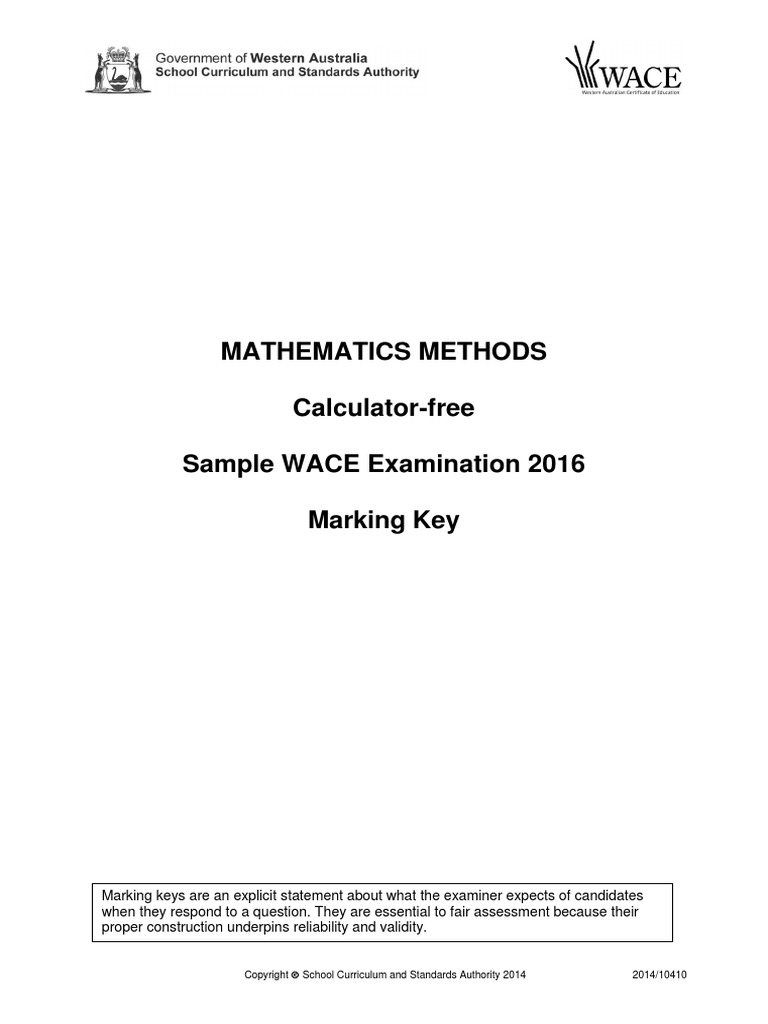 Mathematics Methods Sample Calc Free Marking Key 2016 | PDF | Logarithm ...