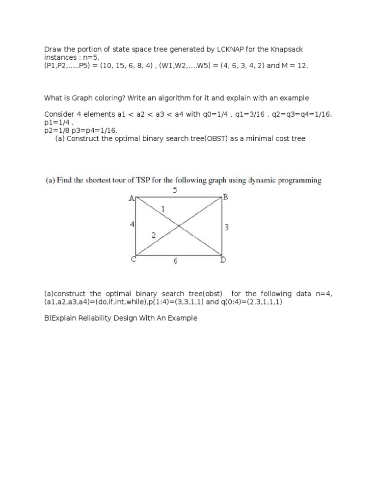 Draw The Portion of State Space Tree Generated by LCKNAP For The ...