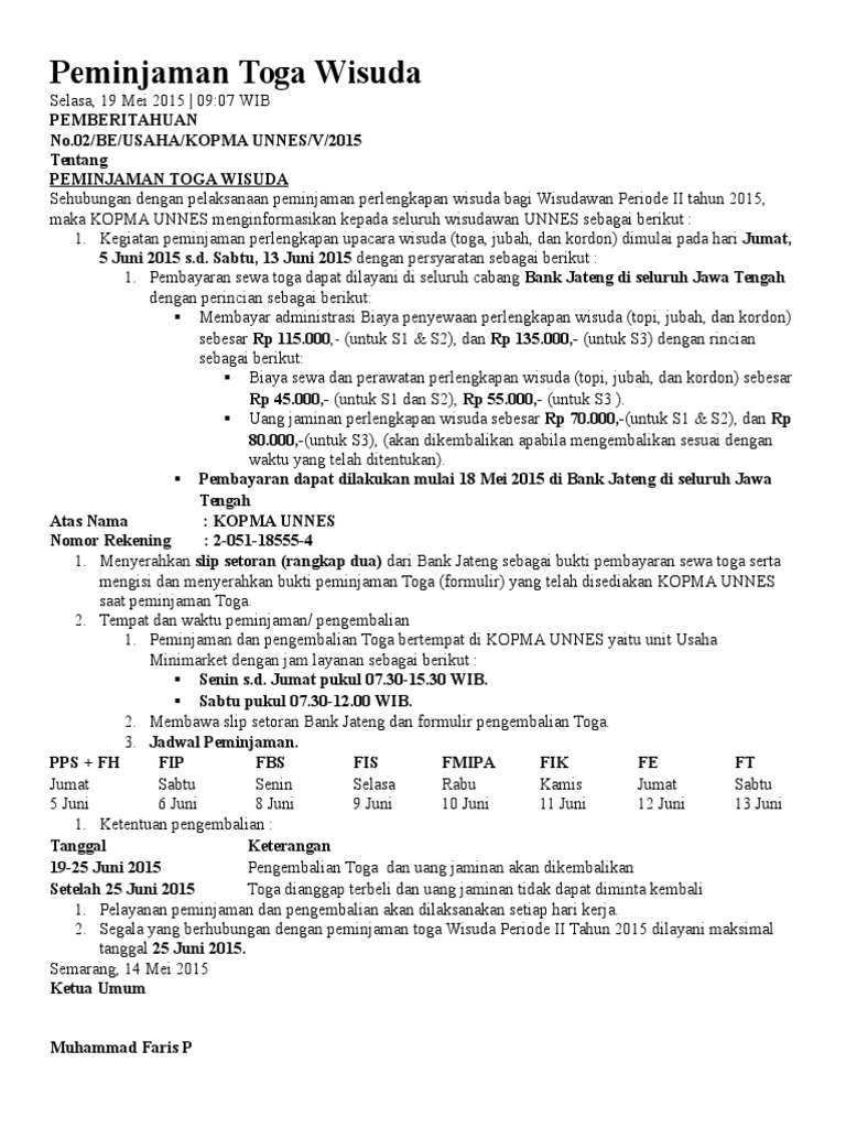 Peminjaman Toga Wisuda UNNES 2015 | PDF