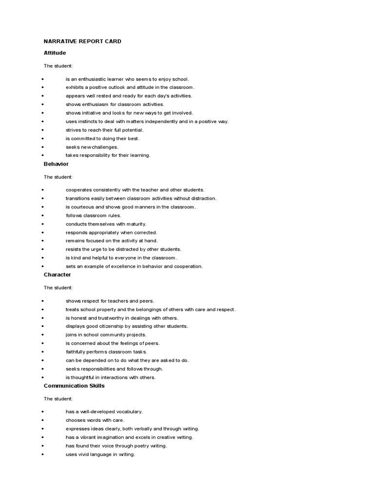 Narrative Report Card | Homework | Conversation