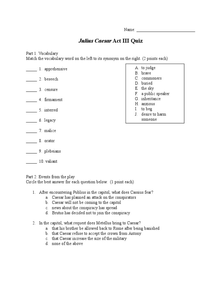 Julius Caesar Act III Quiz | PDF | Marcus Junius Brutus The Younger ...