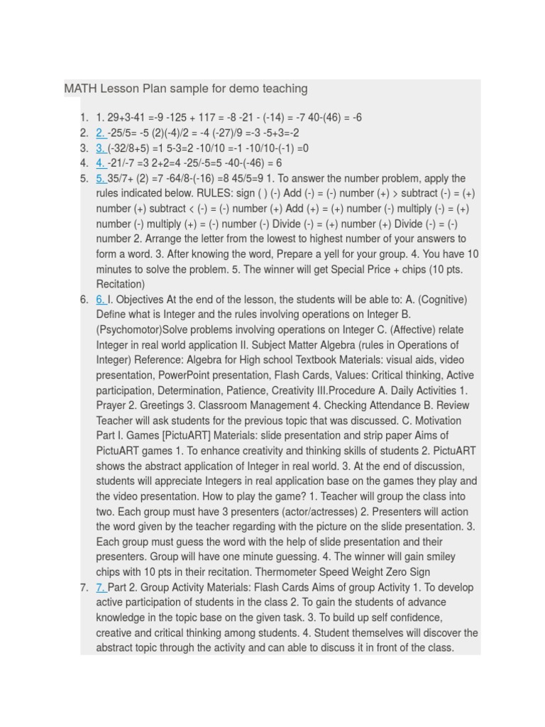 MATH Lesson Plan Sample For Demo Teaching | PDF | Subtraction | Integer