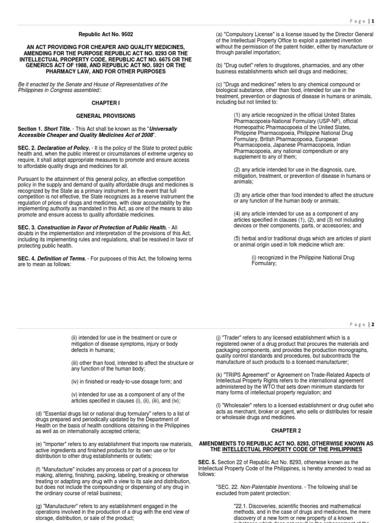 RA 9502 of the Philippines | Patent | Pharmaceutical Drug