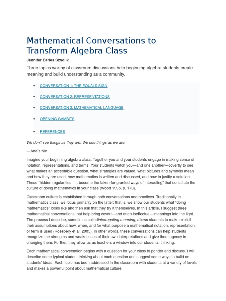 Mathematical Conversations To Transform Algebra Class | PDF | Equations ...