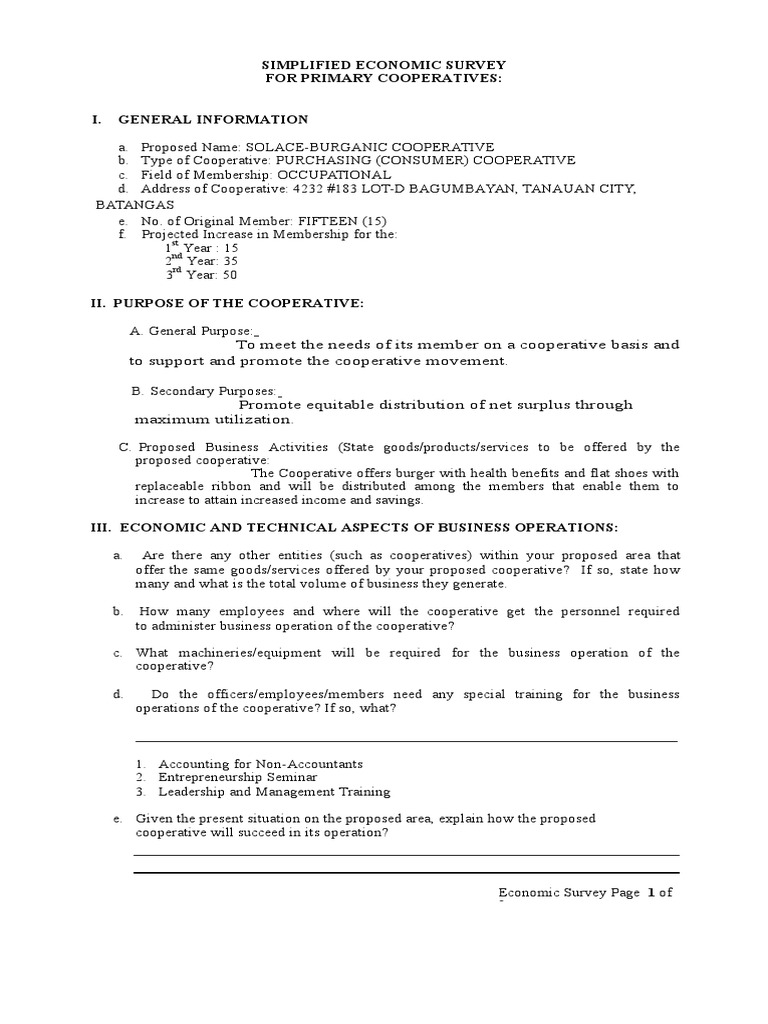 Economic Survey for Solace-Burganic Cooperative | PDF | Cooperative ...