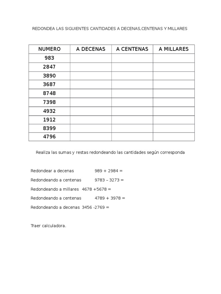 Hojas De Trabajo Para Redondear A Decenas Y Centenas