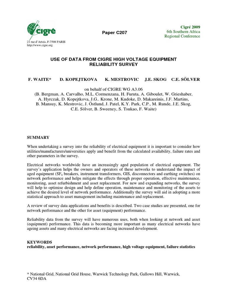 Use of Data From Cigre High Voltage Equipment Reliability Survey | PDF | Reliability Engineering ...