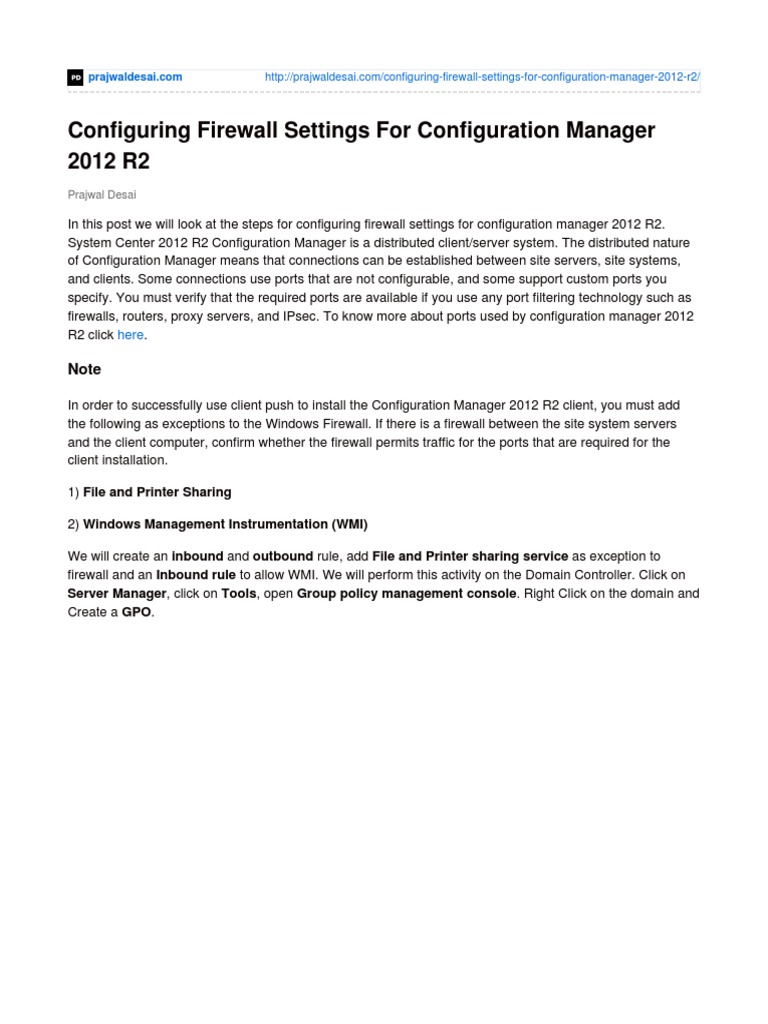 Firewall Setup for SCCM 2012 R2 | PDF | Group Policy | Port (Computer ...