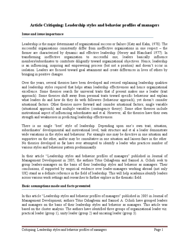 Leadership Styles and Behavior Profiles Article Critiquing | PDF ...