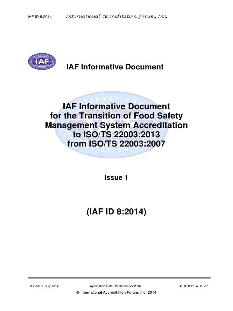 IAF ID 8 Transition To ISOTS 22003 2013 | PDF | Food Safety ...