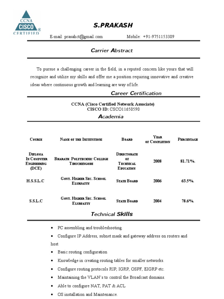 S. Prakash Resume | PDF | Cisco Certifications | Computer Network