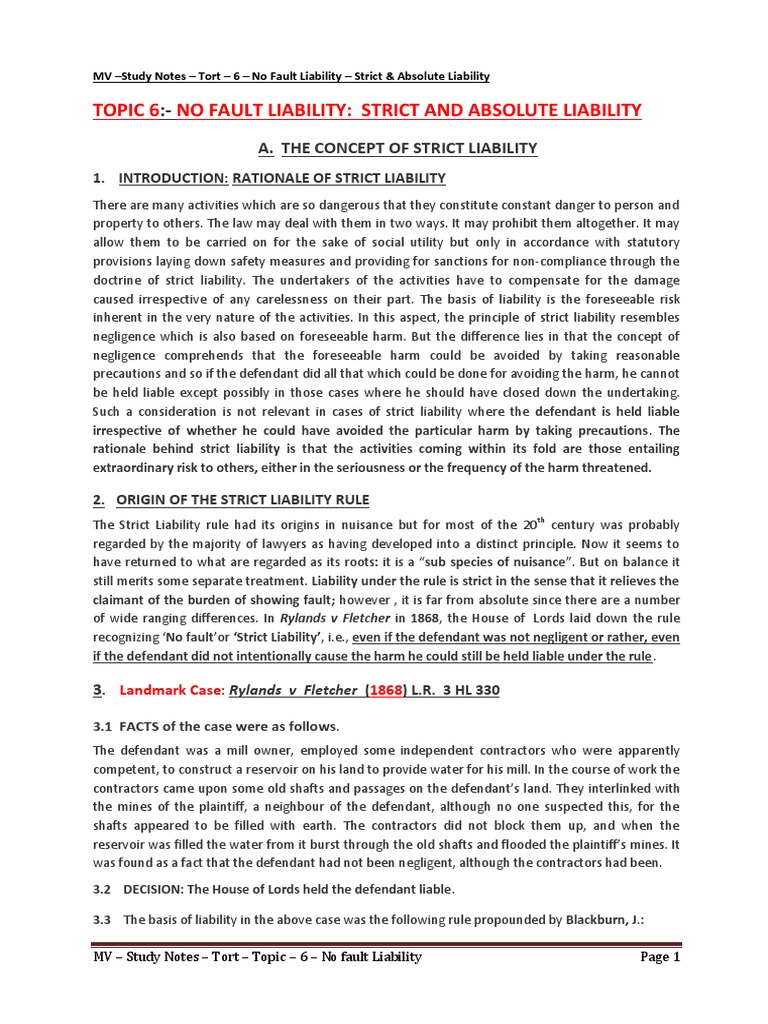Tort - Topic 6 - No Fault Liability Stri | PDF | Strict Liability | Tort