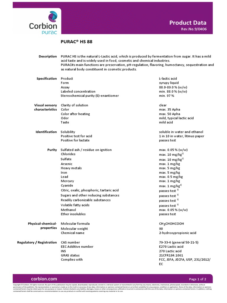 Pds-Purac Hs 88 (0406) | PDF | Lactic Acid | Magnesium