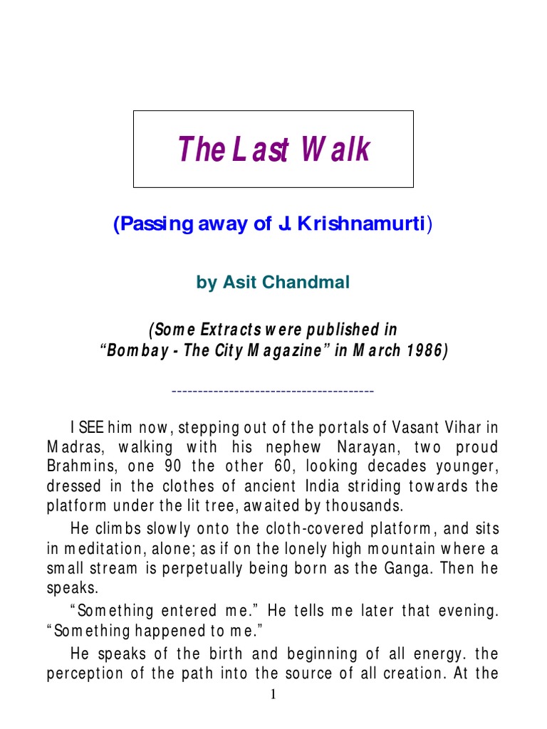 The Last Walk - An Article On Krishnamurti by Asit Chandmal | PDF ...