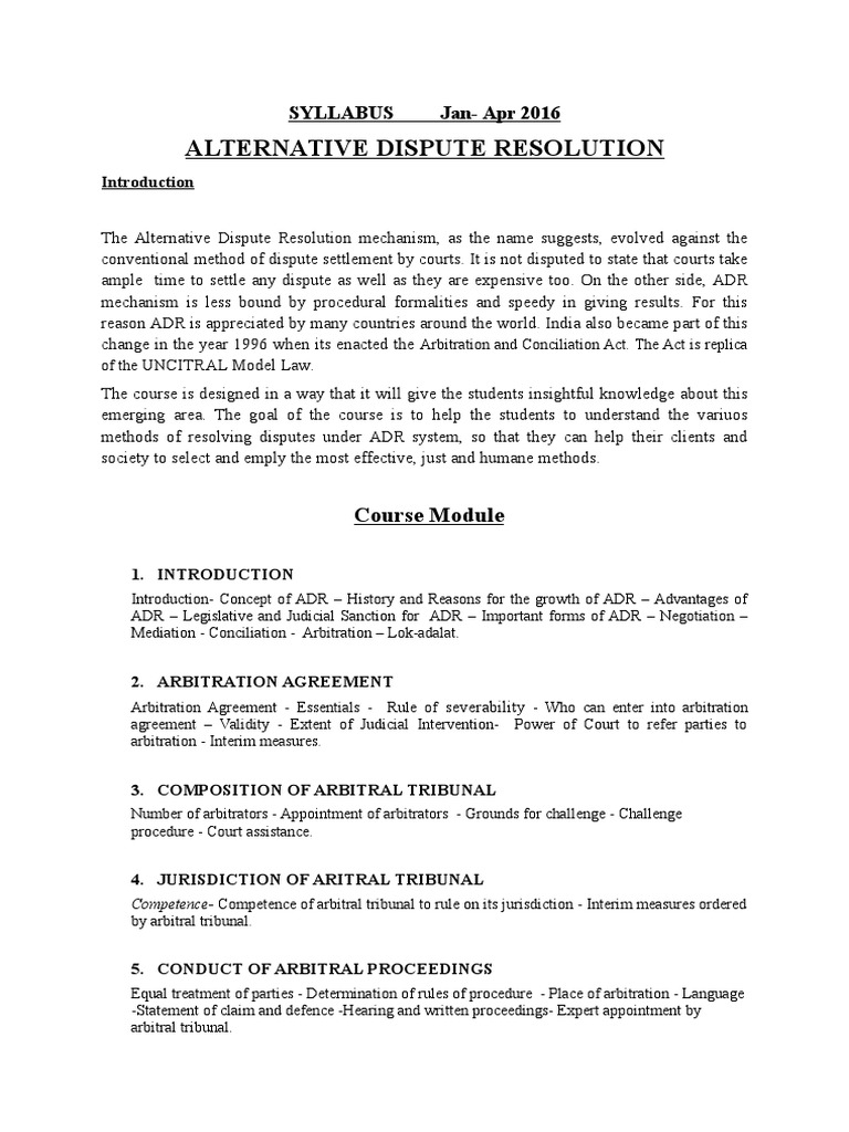 Syllabus Alternative Dispute Resolution 2016 | PDF | Alternative Dispute Resolution | Arbitration