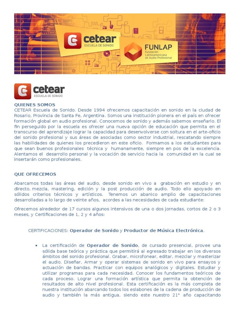 RESEÑA CETEAR/FUNLAP - Escuela de Sonido | PDF | Música electrónica ...