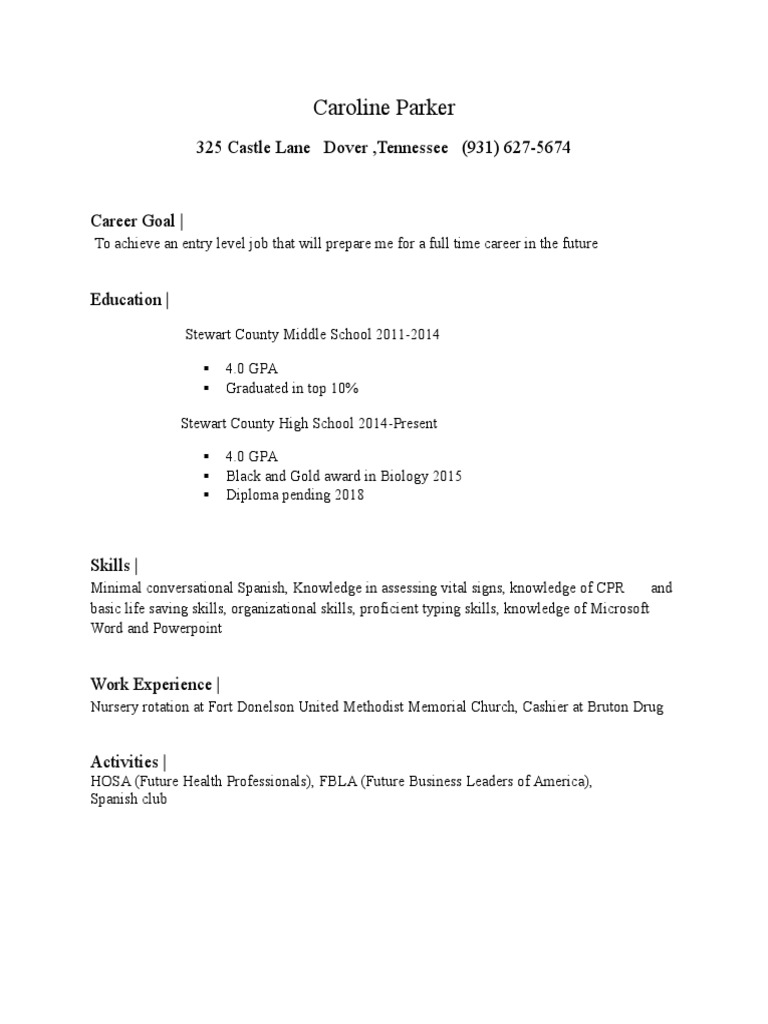 Caroline Parker Entry Level Resume | PDF
