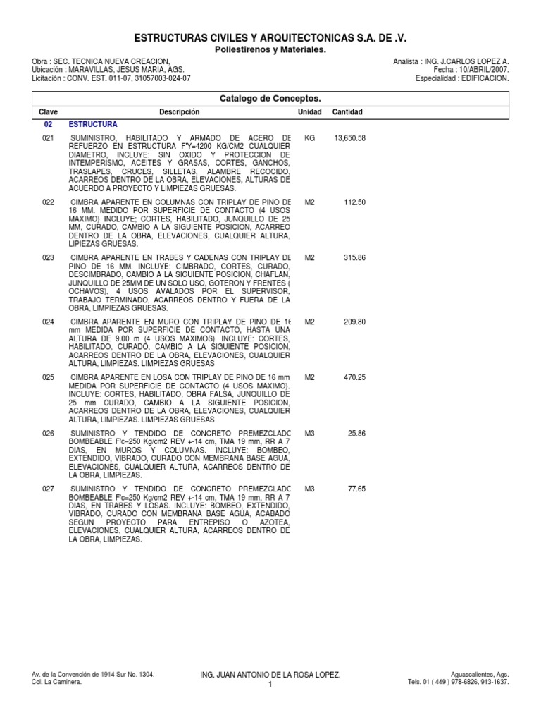 Catalogo de Conceptos Estructura de Concreto | PDF