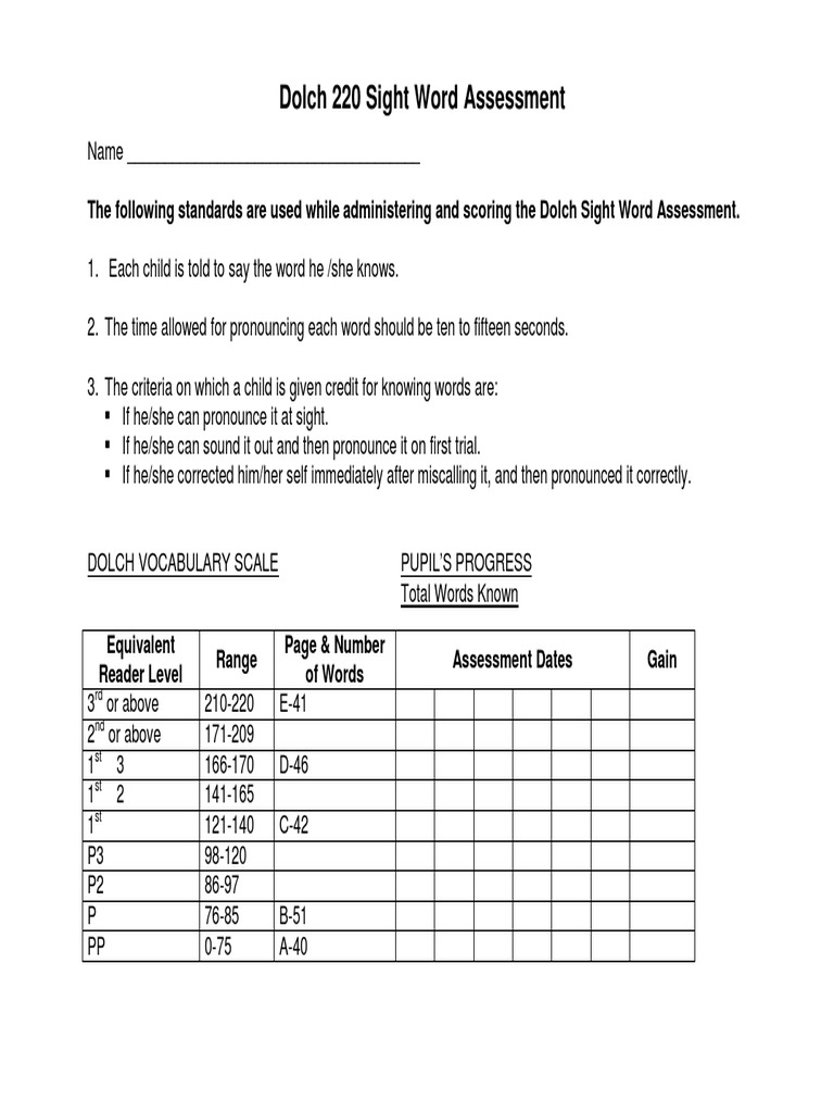 Dolch 220 Sight Word Assessment Guide | PDF | Language Arts ...