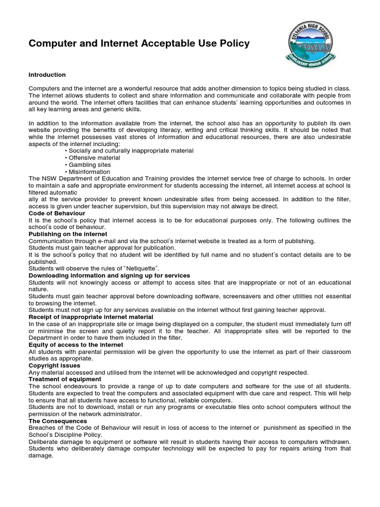 Computer and Internet Acceptable Use Policy | PDF | Internet | Teachers