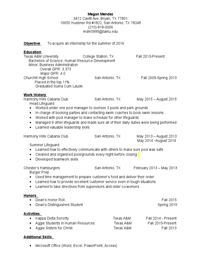 Megan Mendez Resume: HR Internship 2016 | PDF