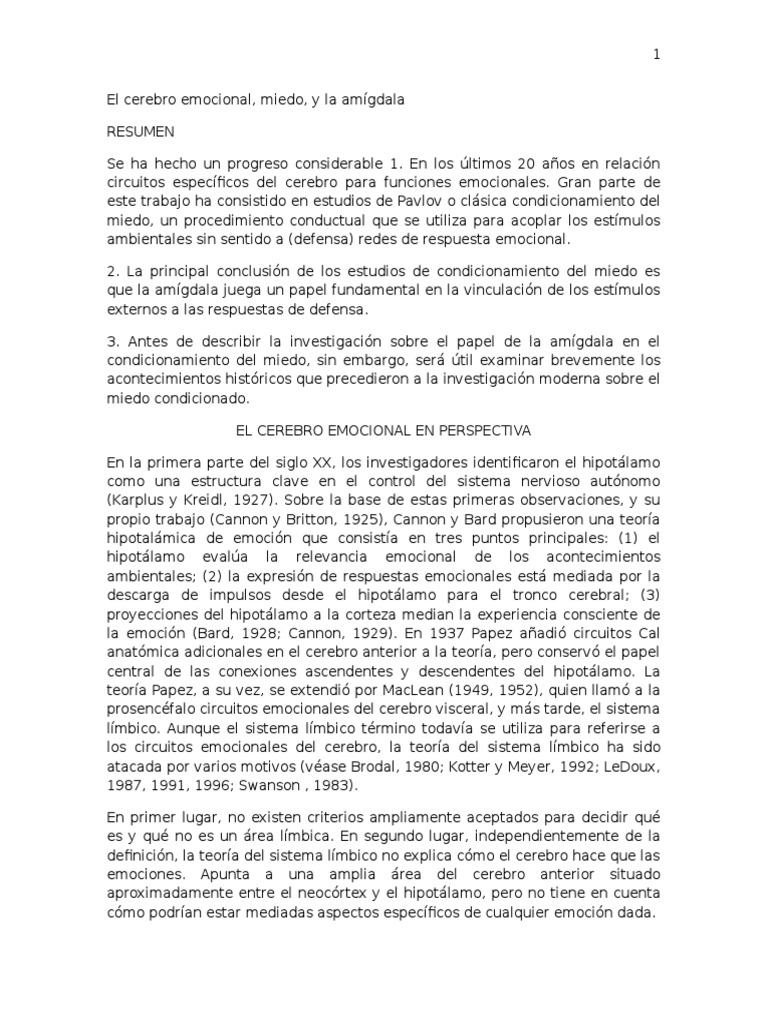 El Cerebro Emocional, Miedo y La Amigdala Joseph Ledoux | PDF ...