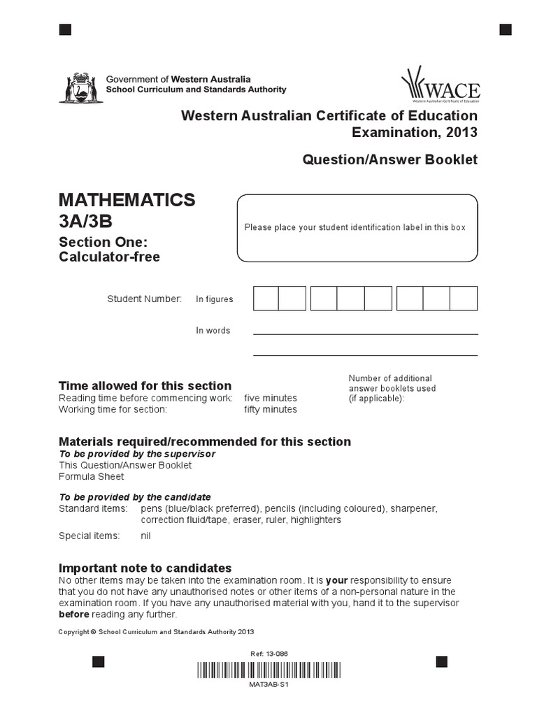 Mathematics Stage 3A 3B Calc Free 2013 | PDF | Test (Assessment ...