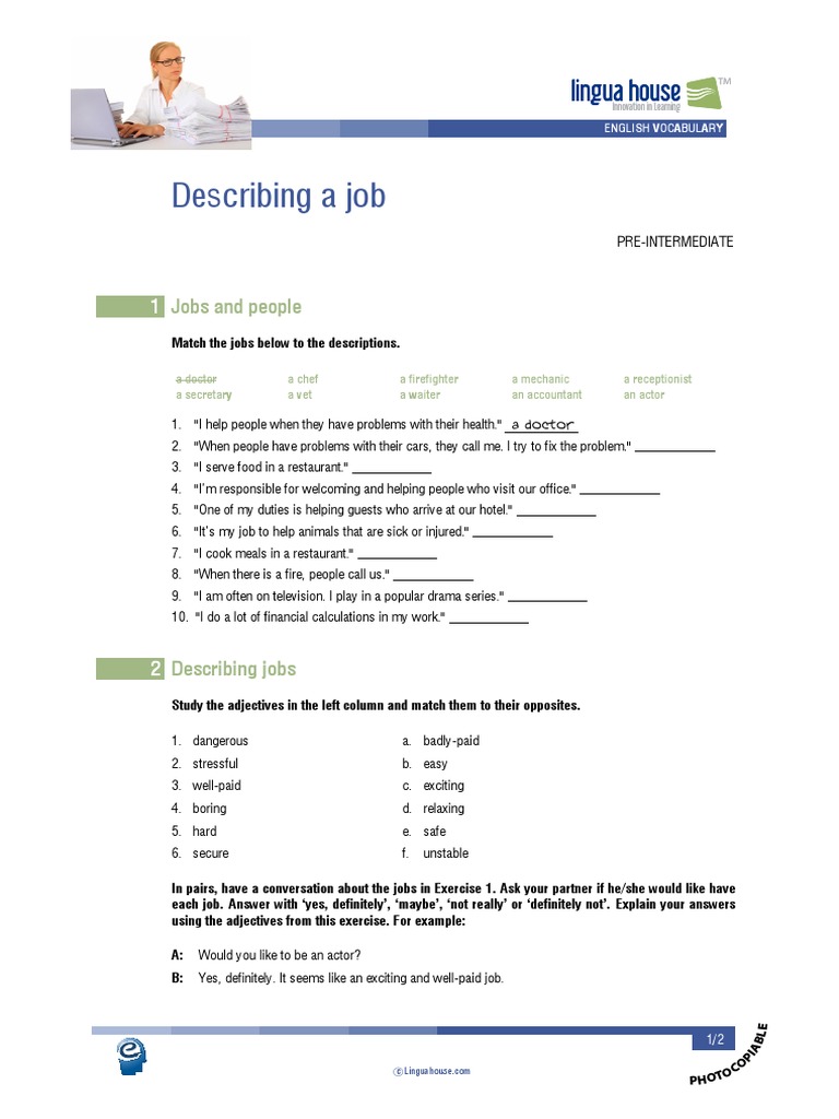 Describing Jobs and Duties Worksheet | PDF | Languages | Labour