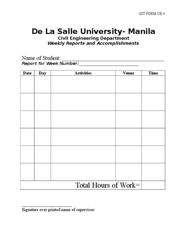 Weekly OJT Report Form CE-4 | PDF