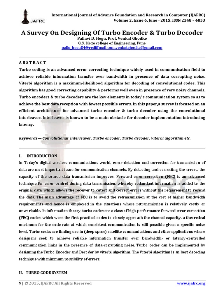 A Survey On Designing Of Turbo Encoder And Turbo Decoder Pdf Forward Error Correction Error