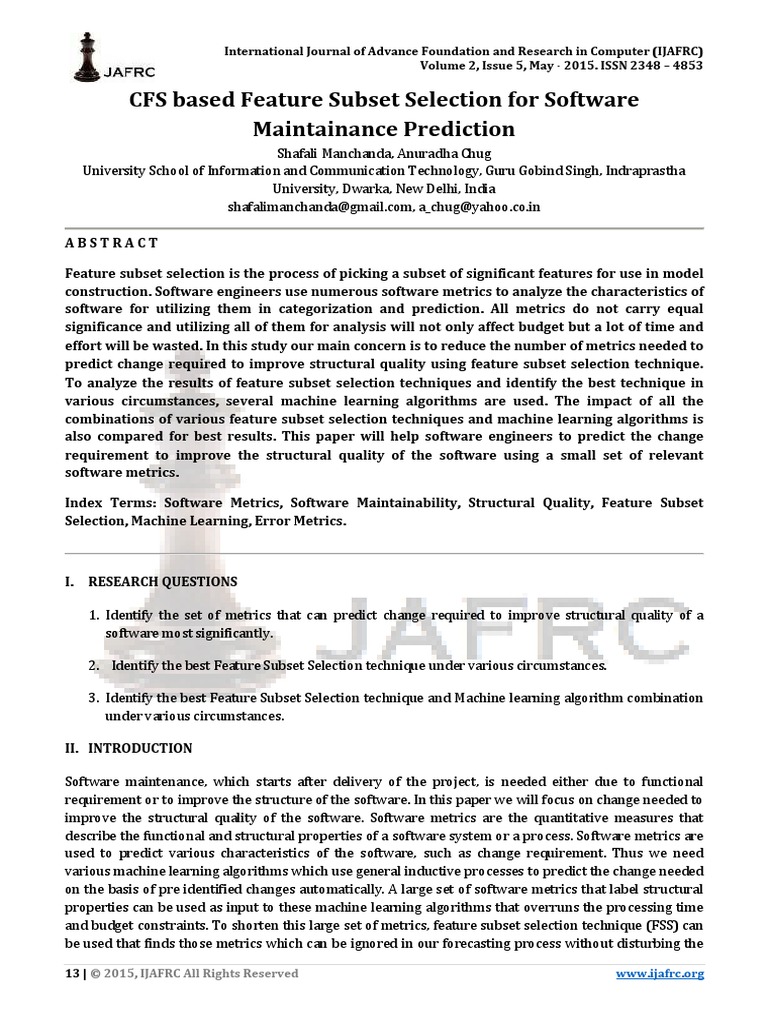 CFS Based Feature Subset Selection For Software Maintainance Prediction ...