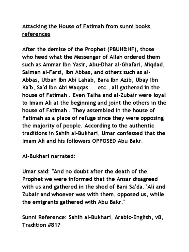 Attacking The House of Fatimah From Sunni Books References | PDF ...
