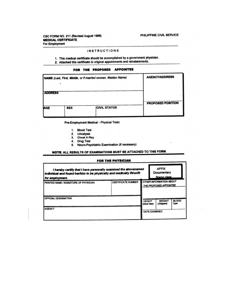 Medical Certificate CSC Form No. 211 | PDF