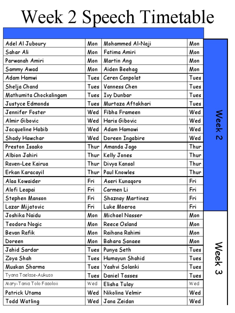 Week 2 Speech Timetable | PDF