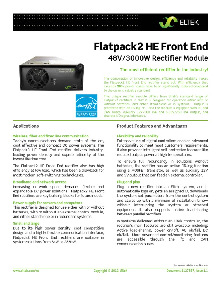 Datasheet - Flatpack2 HE Front End Rectifier | PDF | Rectifier | Electronic Engineering
