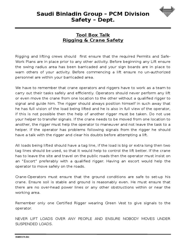 Rigging and Crane Safety Guidelines | PDF | Technology & Engineering
