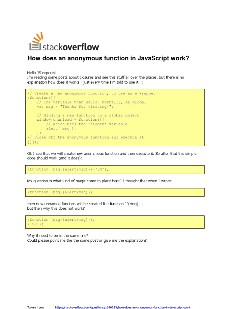 How Does An Anonymous Function in Javascript Work?: Taken From | PDF | Subroutine | Scope ...