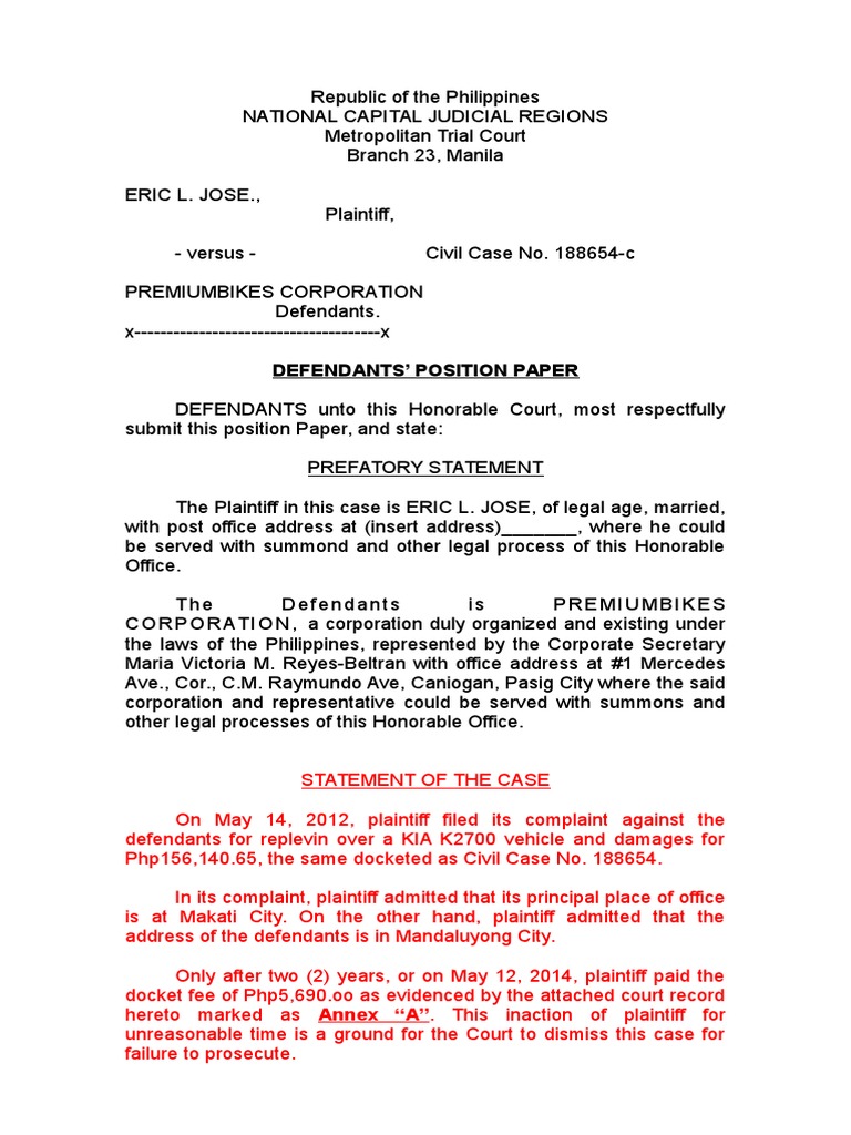 Position Paper Sample | PDF | Evidence | Lawsuit