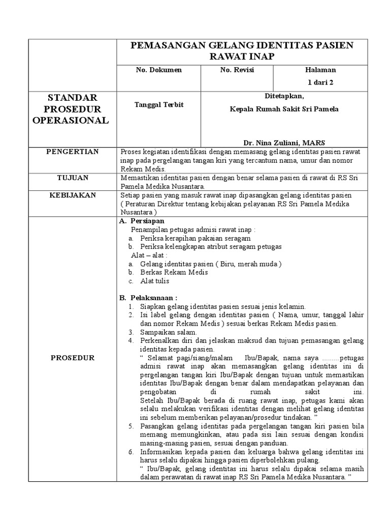 Spo Pemasangan Gelang Identitas Pasien | PDF