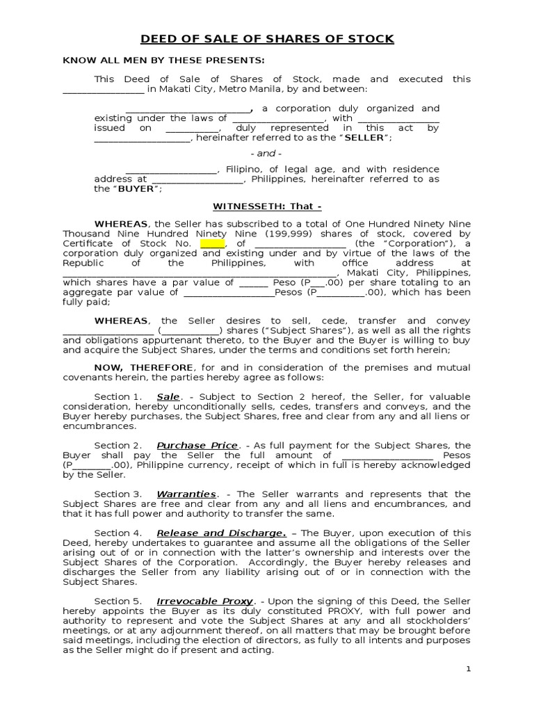 Deed of Sale of Shares of Stock | Stocks | Deed