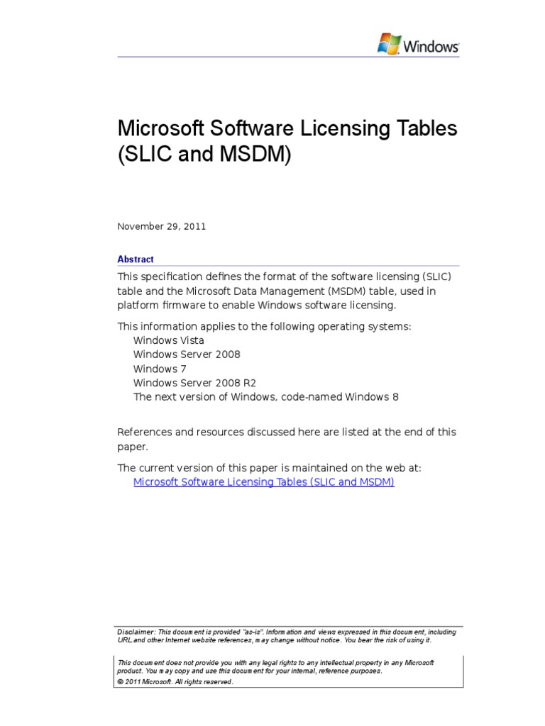 Microsoft Software Licensing Tables | PDF | Bios | Microsoft Windows